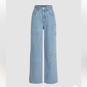 Princess Polly | Jeans | Denim Heart Rhinestone Wide Leg Jeans | Poshmark